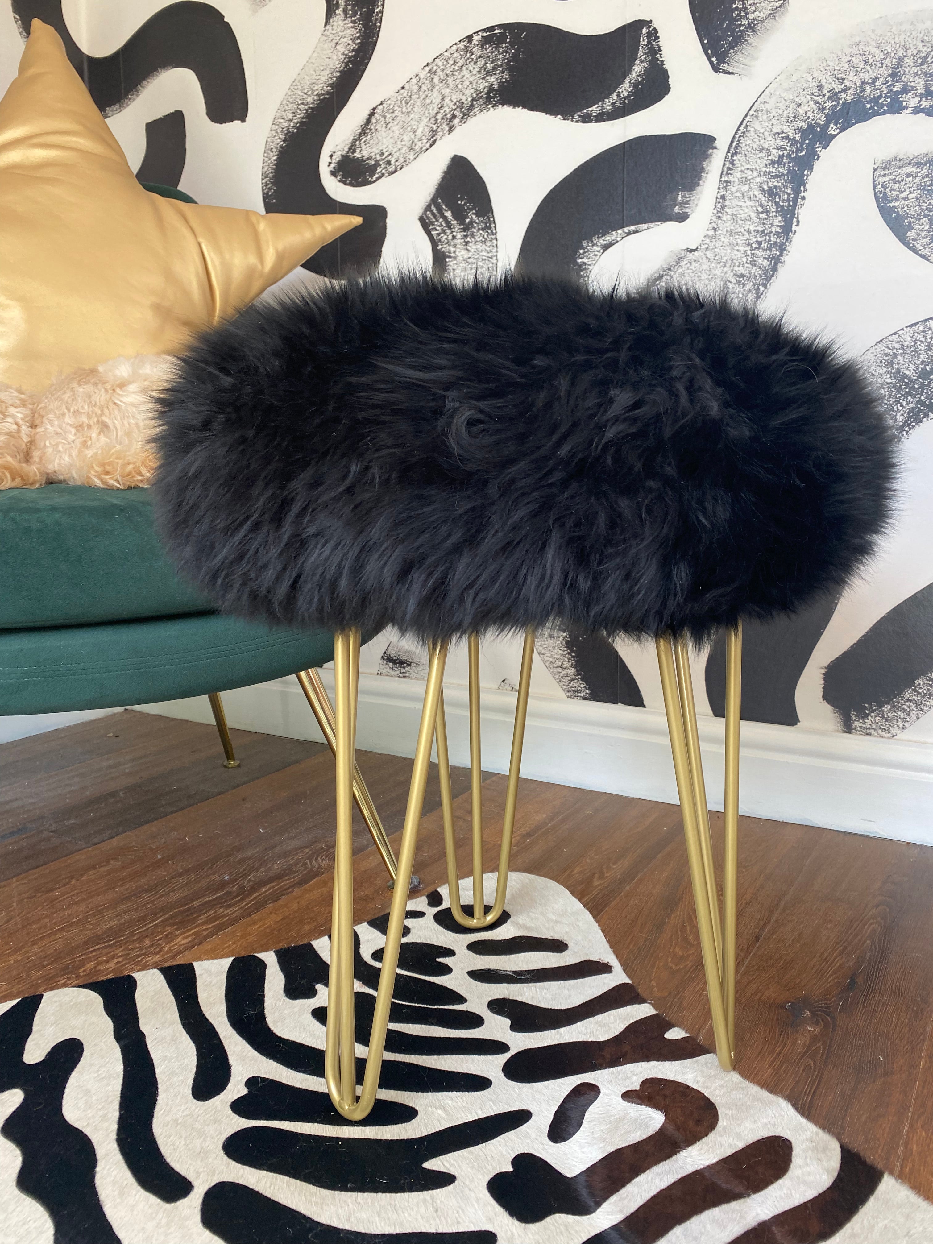 Sheepskin Upholstered Hairpin Leg Stool in Off White - Suburban Salon